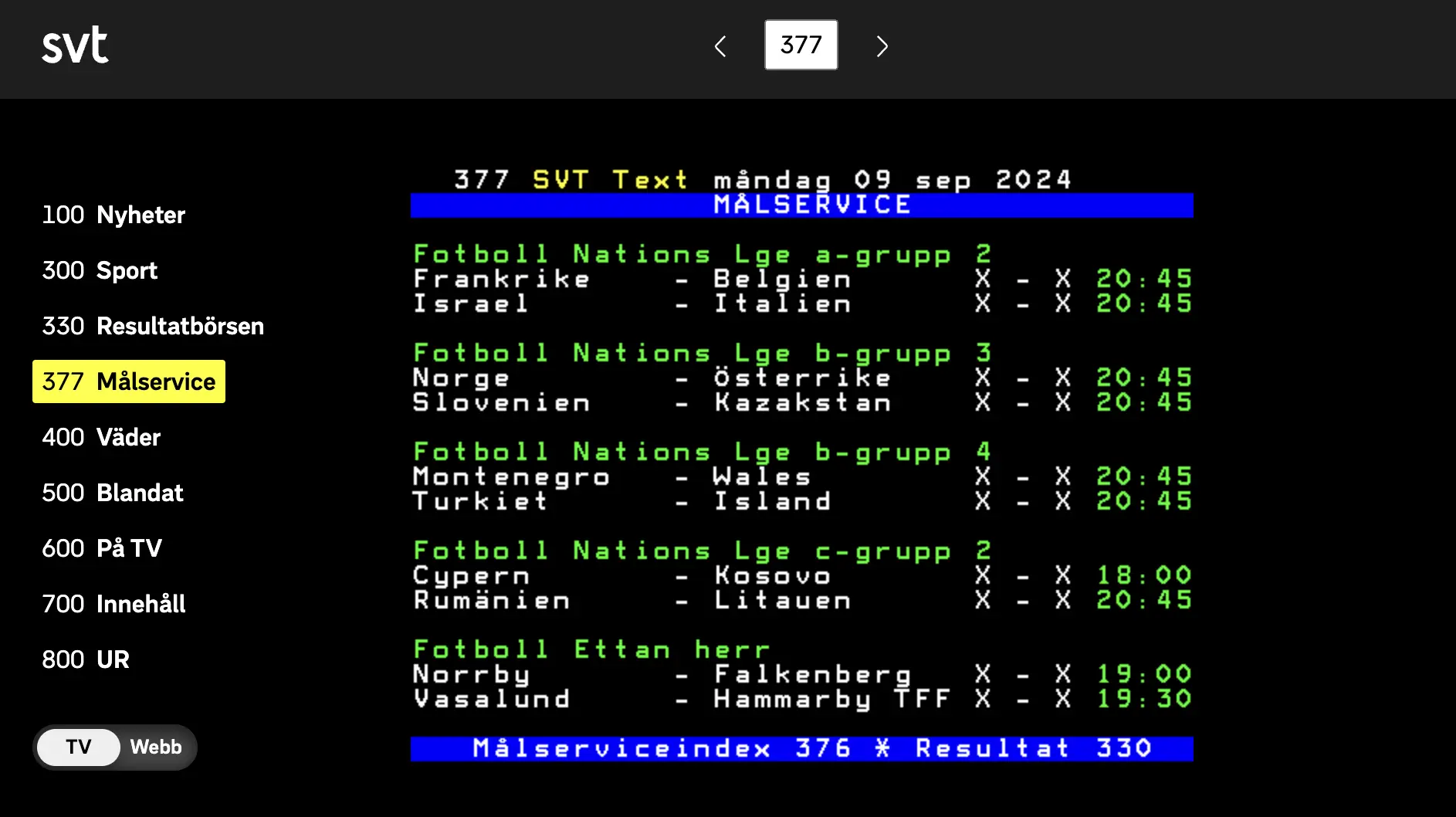 Text TV 377 - Guiden om Text TV 377 → Streamat.se